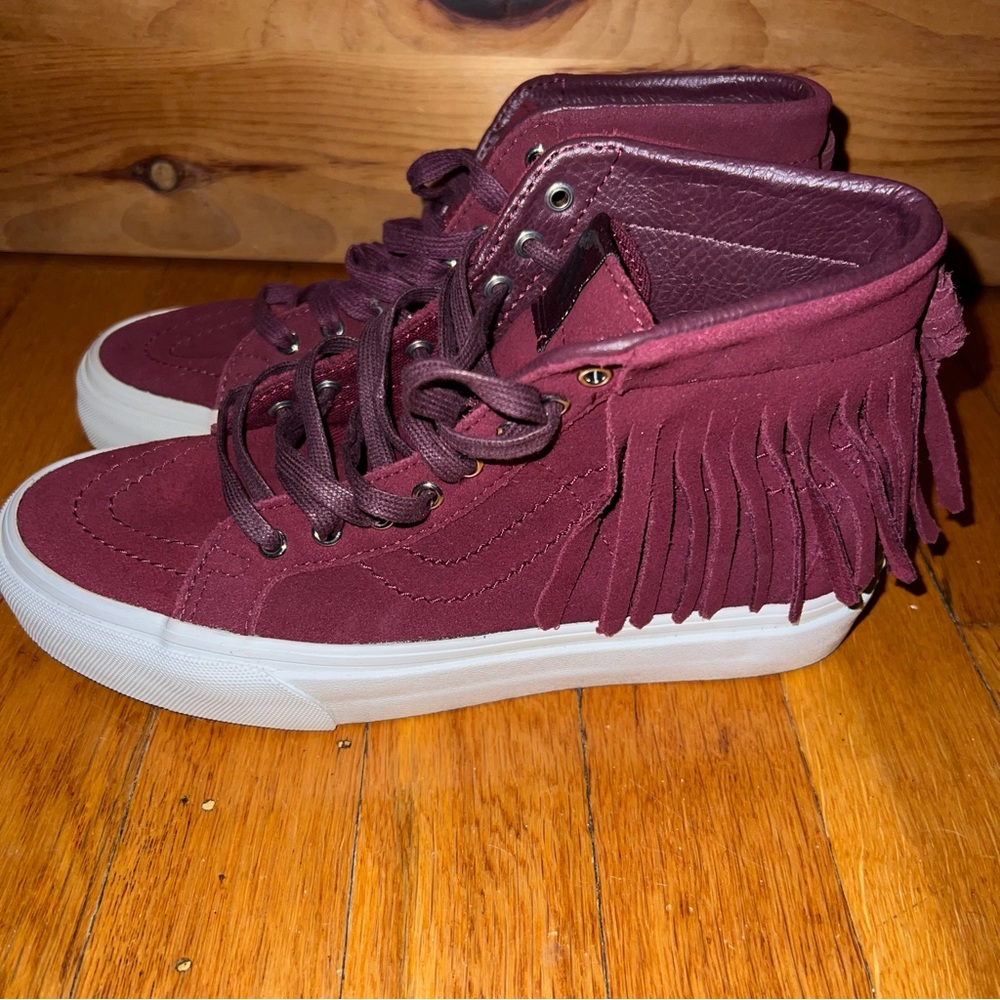 Vans Burgundy Red Moccasin Fringe High Top Sneakers. … - Gem